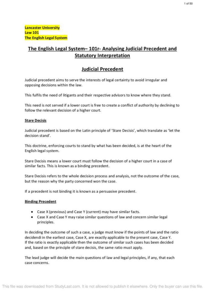 Notes for English Legal System and Methods (Law 101) at Lancaster ...
