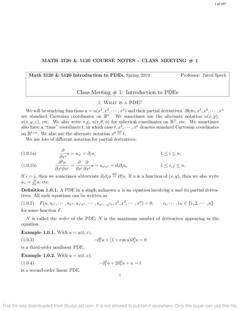 Notes for Introduction to Partial Differential Equations (Math 3120) at ...