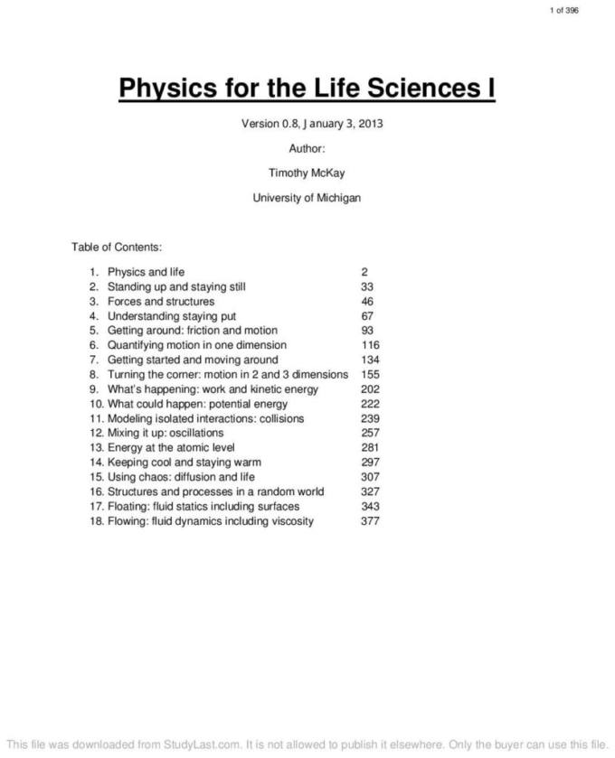 Notes for Physics for the Life Sciences I (PHYSICS 135) at University ...