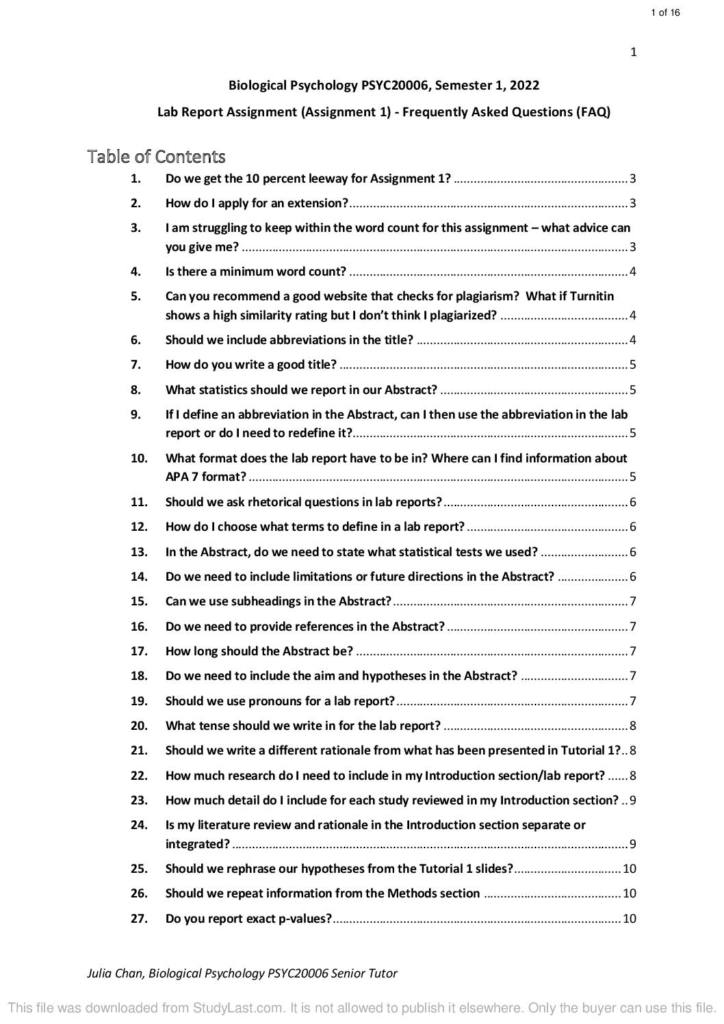Biological Psychology (PSYC20006) Lab Report Assignment FAQs | StudyLast