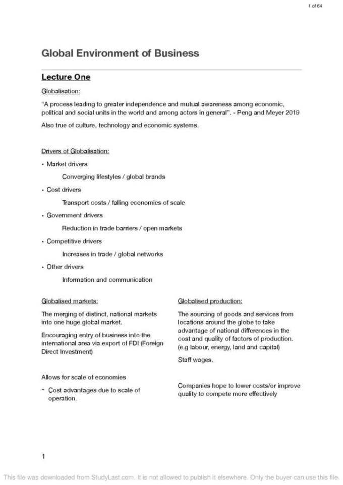 Notes for Global Environment of Business (EC2102) at University of ...