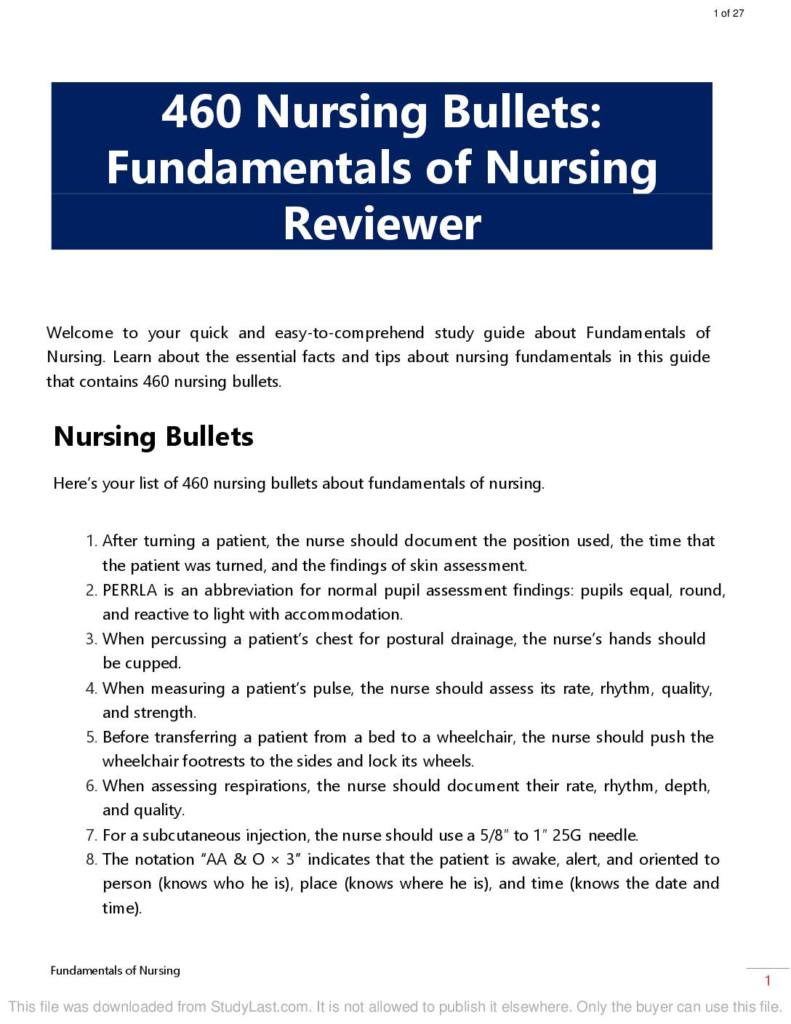 Fundamentals of Nursing reviewer with 460 points for NCLEX | StudyLast