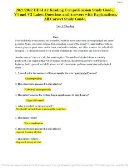 HESI A2 Reading Comprehension 2021 22 V1 V2 Questions With Answers 