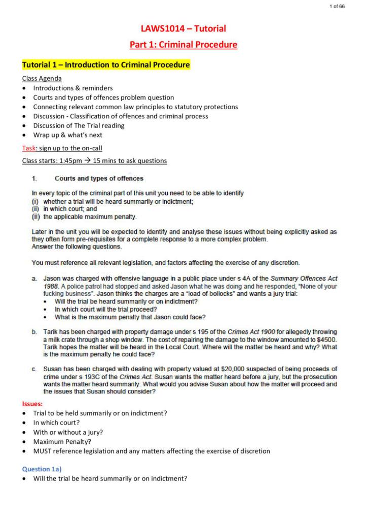 Civil and Criminal Procedure (LAWS1014) tutorial notes and solutions ...