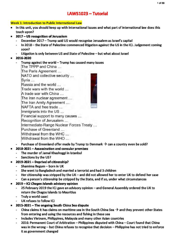 Public International Law (LAWS1023) tutorial notes with solutions ...