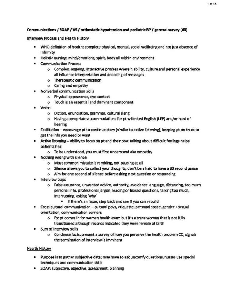 Notes for Health Assessment and Physical Examination (NRSG 525MN) at ...