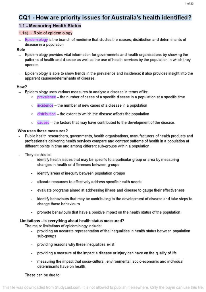 Health Priorities in Australia (HSC PDHPE) core 1 very good notes ...