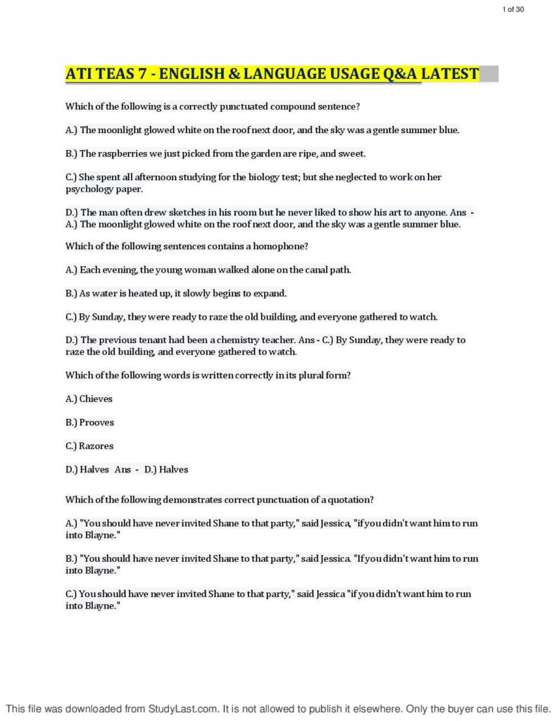 ATI TEAS 7 English And Language Usage Practice Test With Answers
