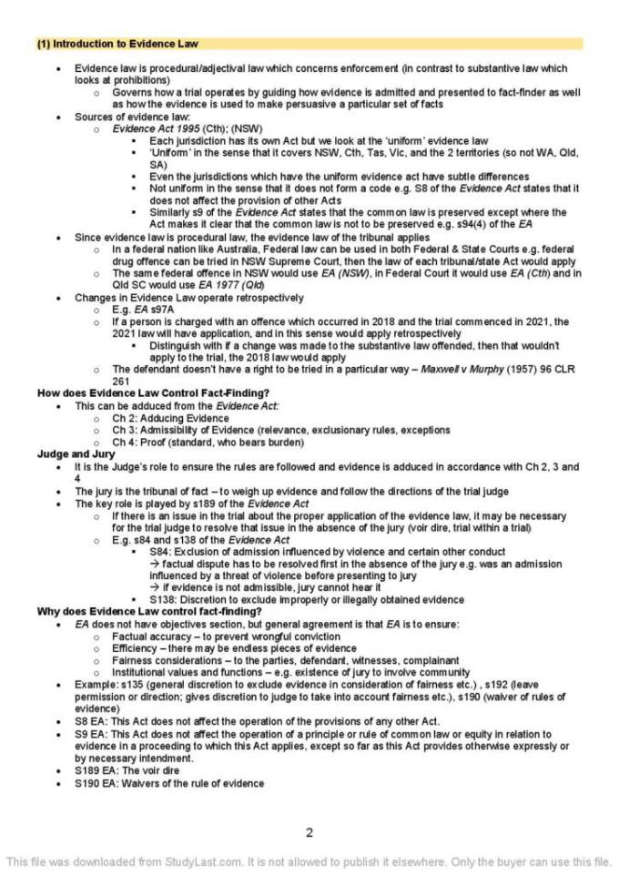 USYD LAWS2016 (Evidence) 2022 HD full course notes | StudyLast