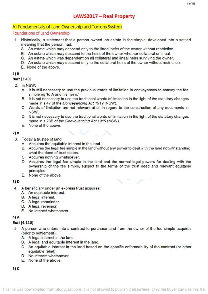 USYD LAWS2017 (Real Property) tutorial problem questions solutions ...