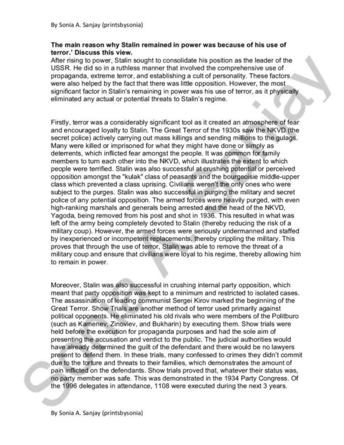 Cambridge A-Level History (9489) Paper 4 Stalin’s Russia Sample Essays ...