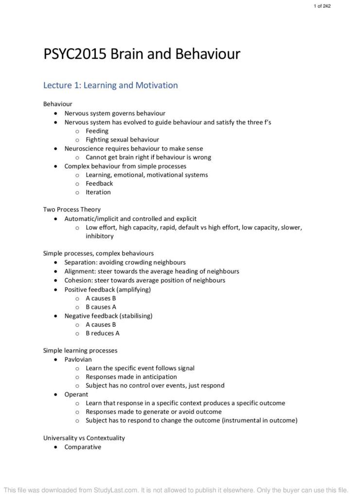 Notes for Brain and Behavioural Psychology (PSYC2015) at University of ...