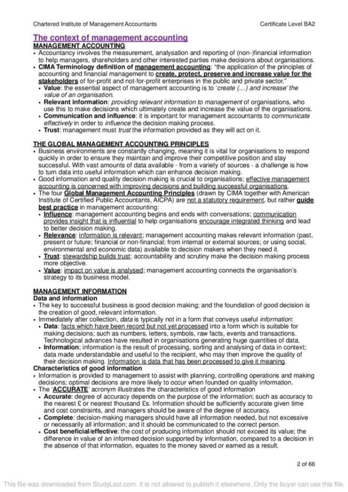 CIMA Fundamentals of Management Accounting (BA2) exam notes | StudyLast