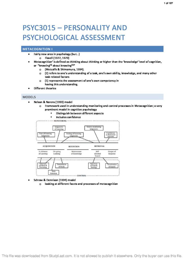 Notes for Personality and Psychological Assessment (PSYC3015) at ...