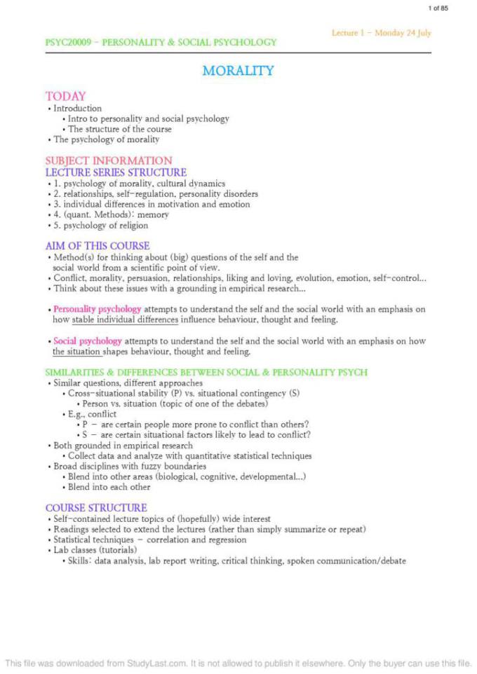 Personality and Social Psychology (PSYC20009) lecture notes | StudyLast