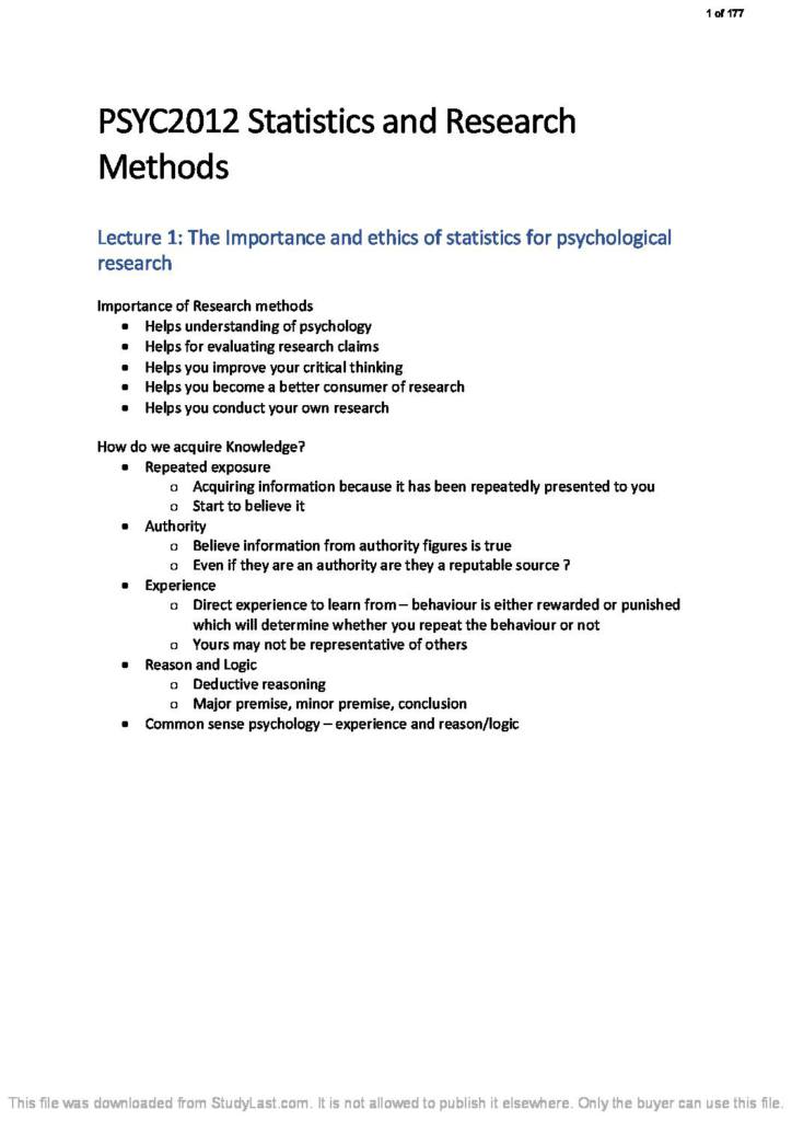 Statistics and Research Methods for Psych (PSYC2012) complete notes ...