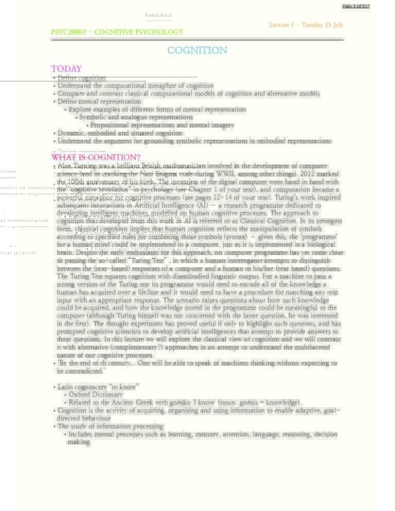 Cognitive Psychology (PSYC20007) HD lecture notes | StudyLast
