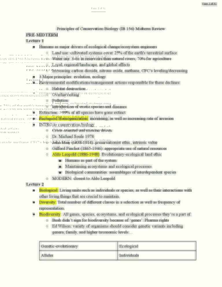 Notes for Principles of Conservation Biology (ESPM C103) at University ...