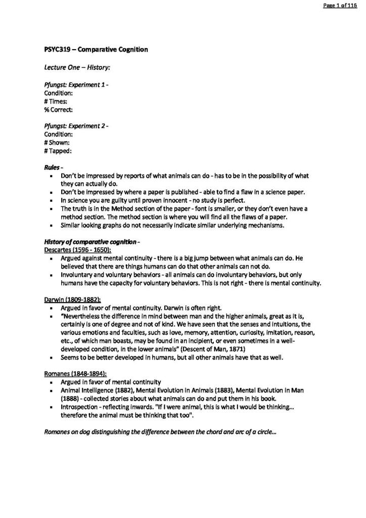 Comparative Cognition (PSYC319) complete notes | StudyLast