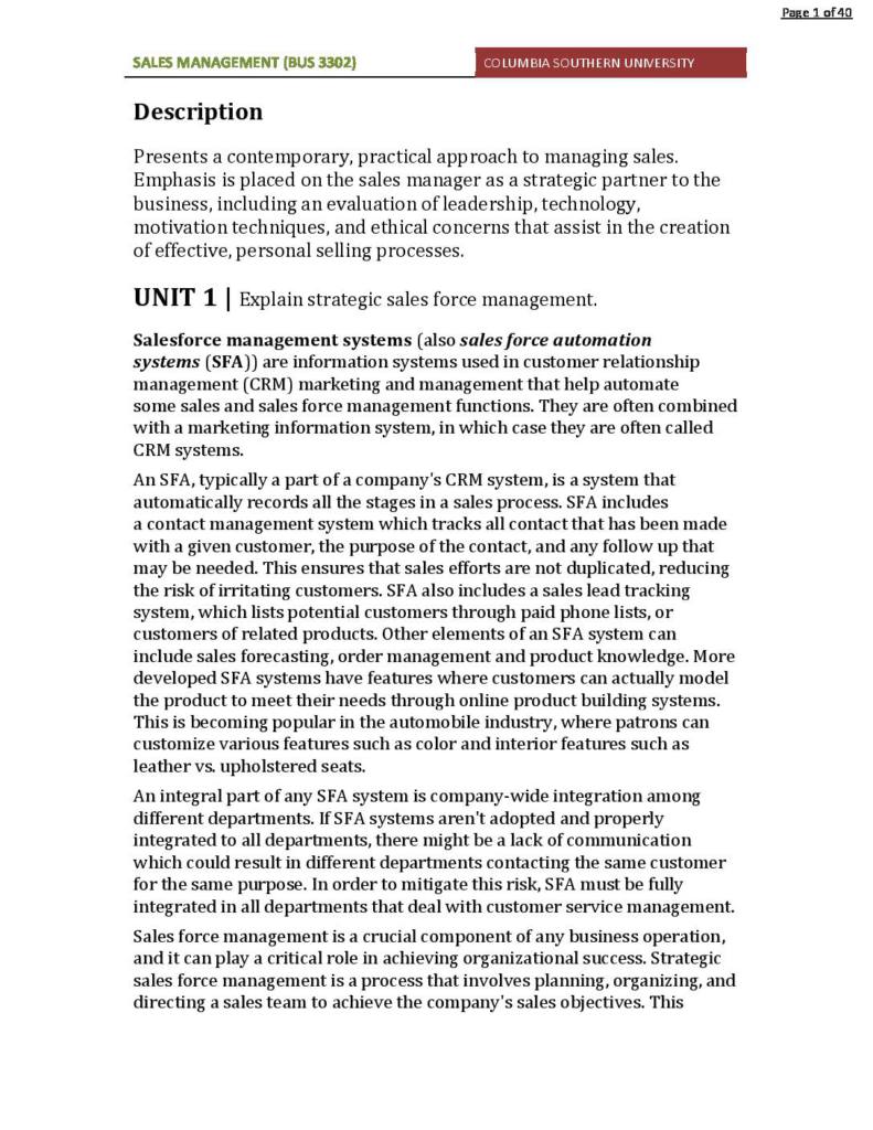 Notes for Sales Management (BUS 3302) at Columbia Southern University ...