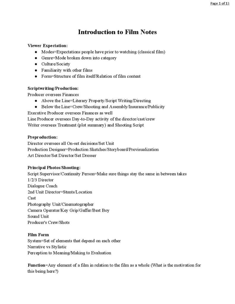 Notes for Introduction to Film (MED 274) at Missouri State University ...