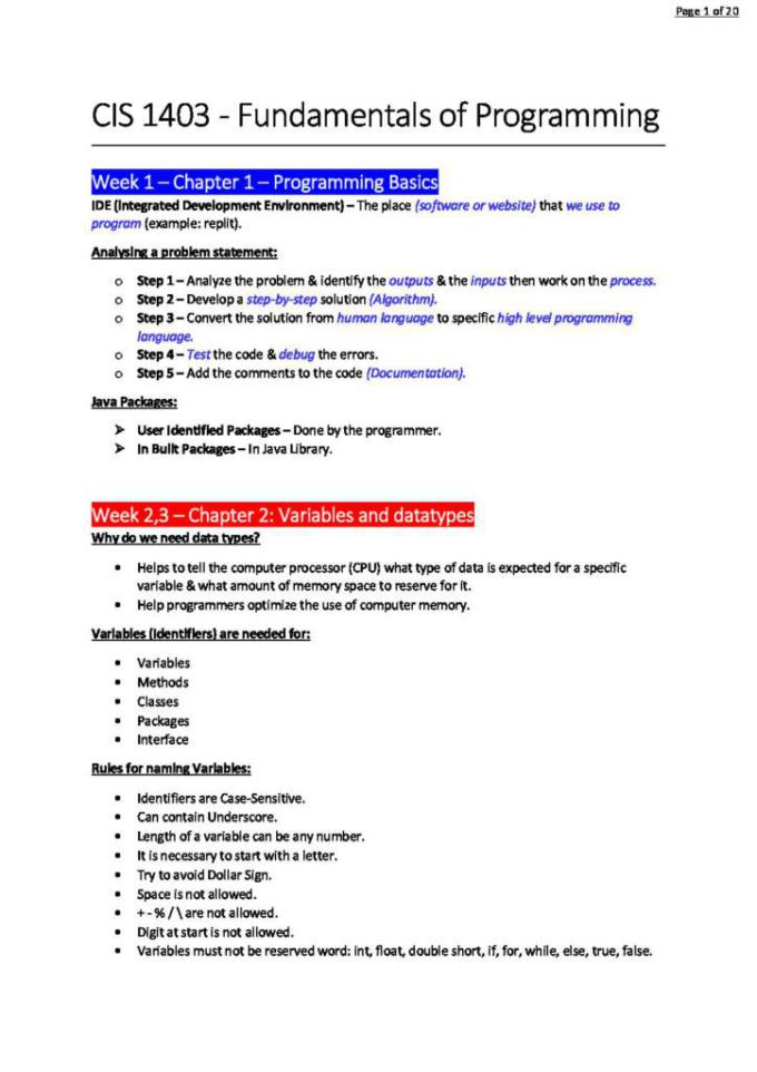 Notes for Fundamentals of Programming (CIS 1403) at Higher Colleges of ...