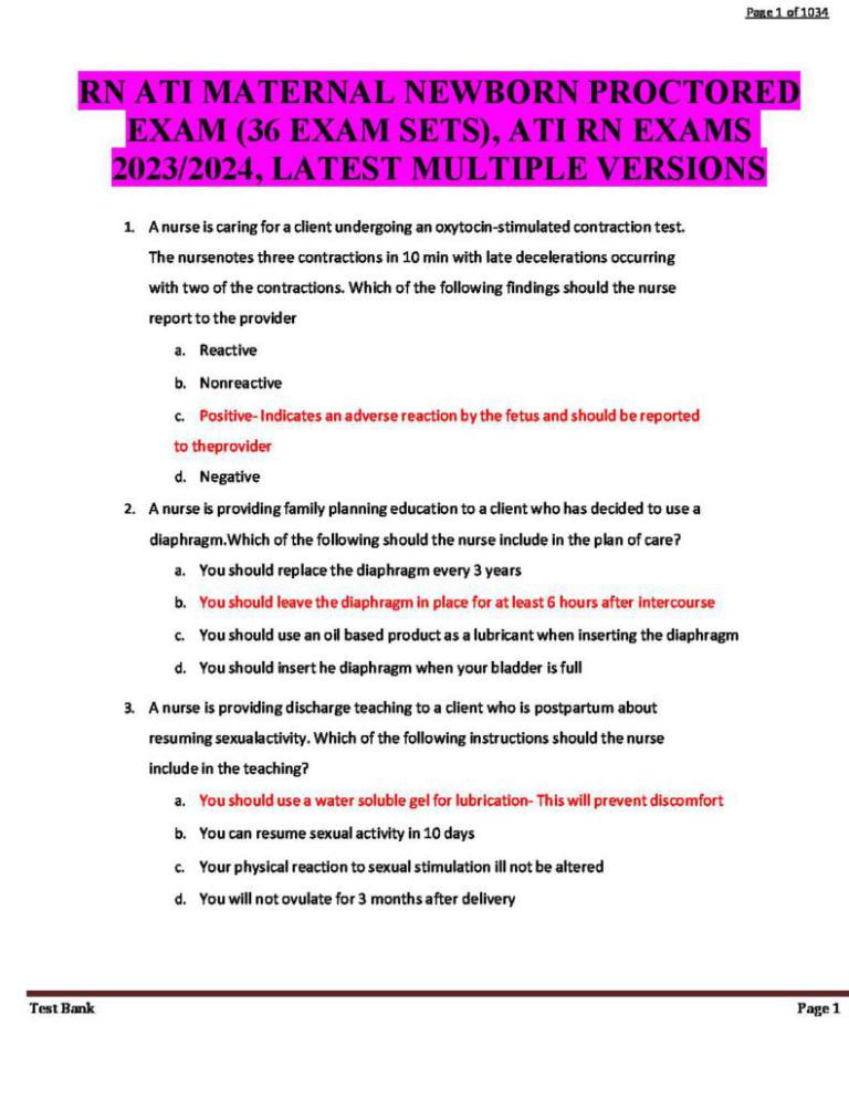 ATI RN Maternal Newborn proctored exam 2024 (36 exam sets) with answers ... ATI RN Maternal Newborn proctored exam 2024 (36 exam sets) with answers ...