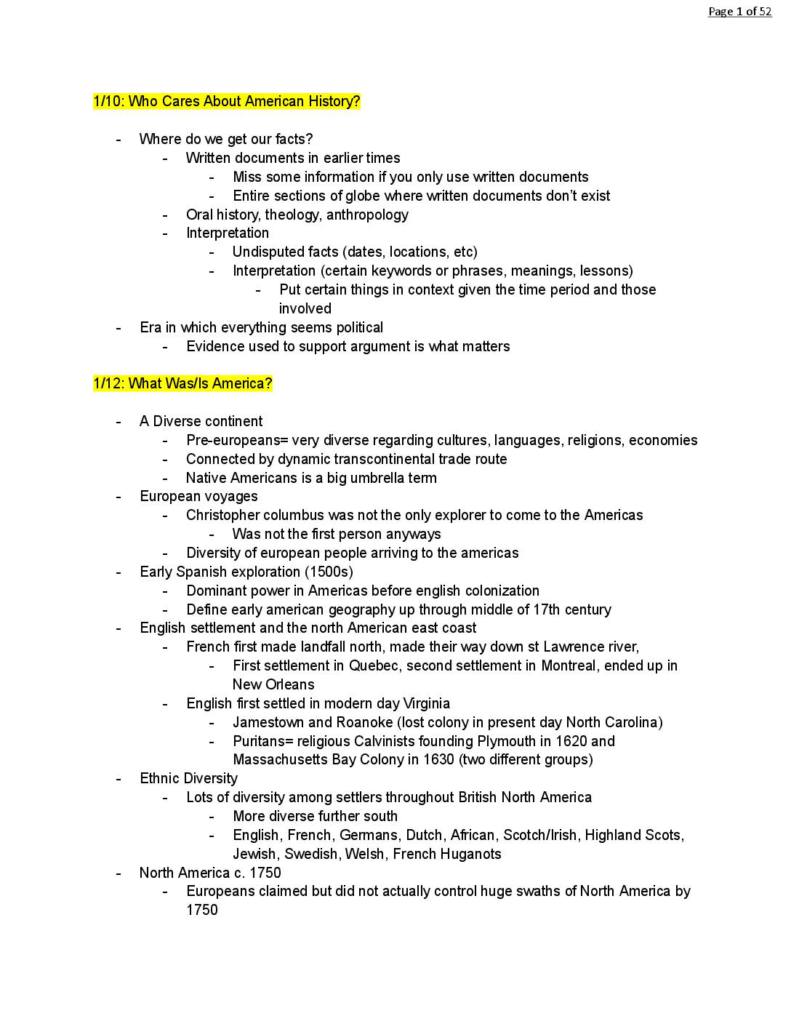 Notes for American History to 1865 (HIST 1015) at University of ...