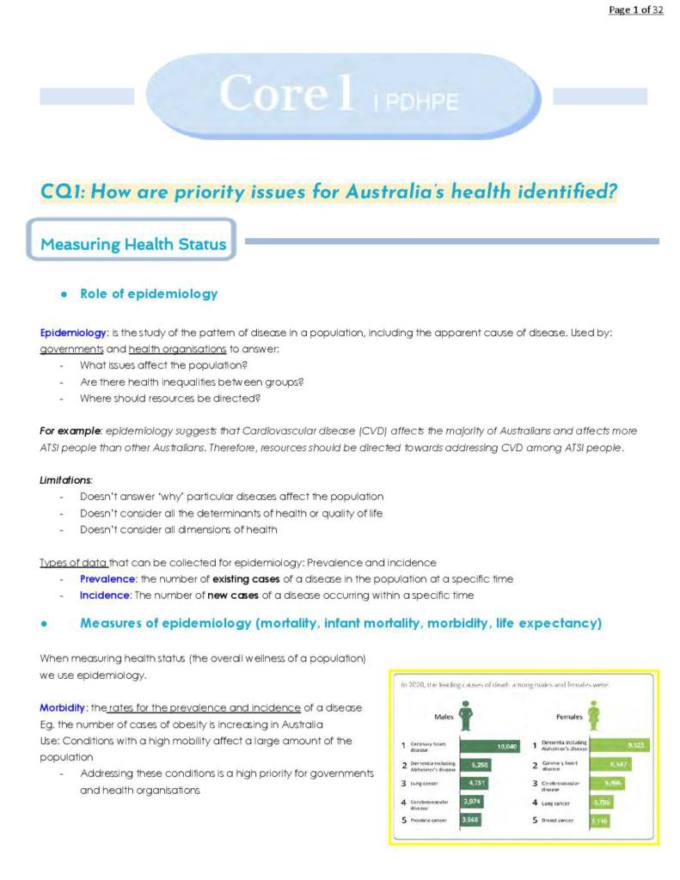PDHPE Core 1 – Health priorities in Australia (Year 12) extensive notes ...