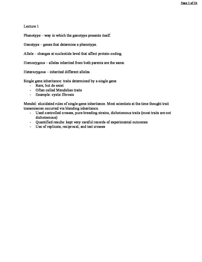 Genetics & the Human Genome (BIOL 190) lecture summary notes | StudyLast