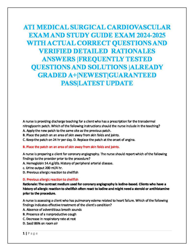 ATI Medical-Surgical Cardiovascular Exam questions & answers | StudyLast