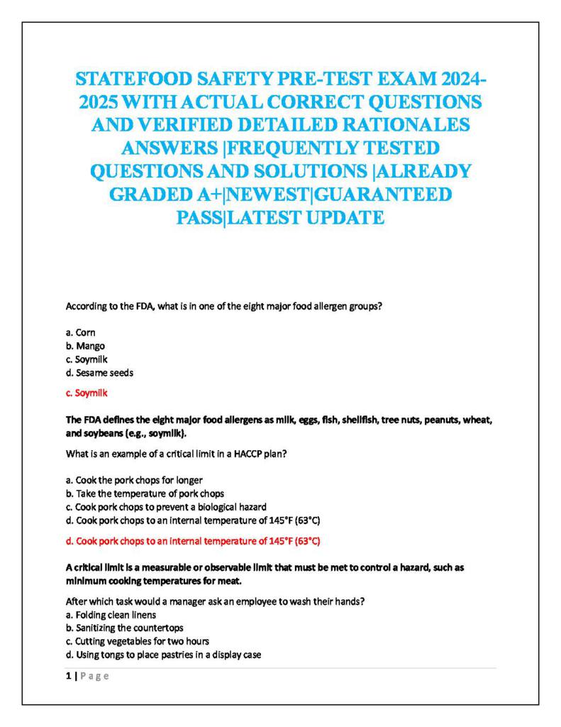 StateFoodSafety Pre-Test Exam questions & answers | StudyLast